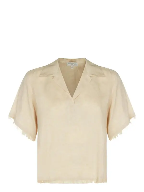 Antonelli Firenze Short Sleeve V-neck Top With Frayed Hem - Beige