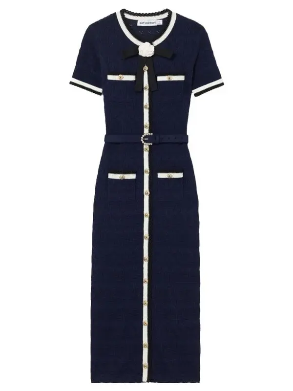 SELF-PORTRAIT Knit Midi Dress With Contrast Trims And Floral Corsage - Navy