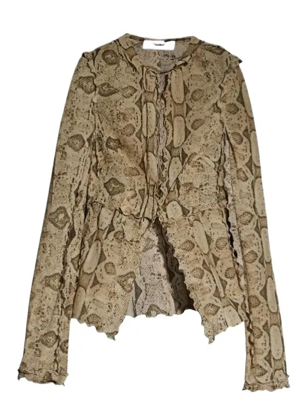 Gucci Printed Long Sleeve Shirt With Frill Trim - Ivory And Brown