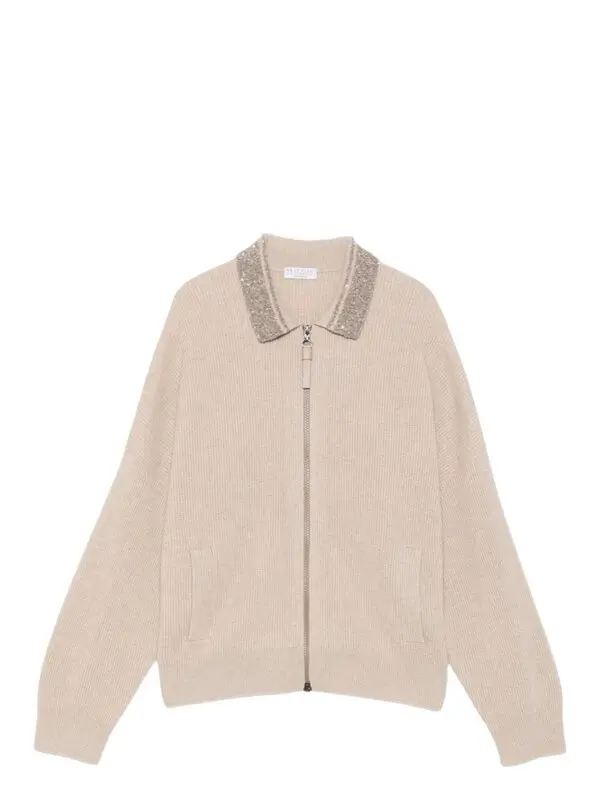 Brunello Cucinelli Zip-up Cardigan With Embellished Collar - Nude