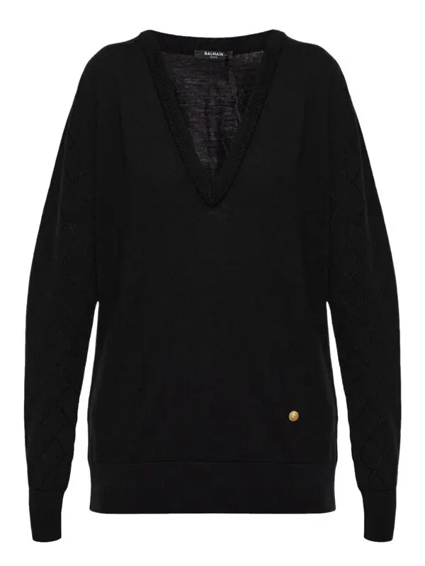 Balmain V-neck Knitted Jumper - Black