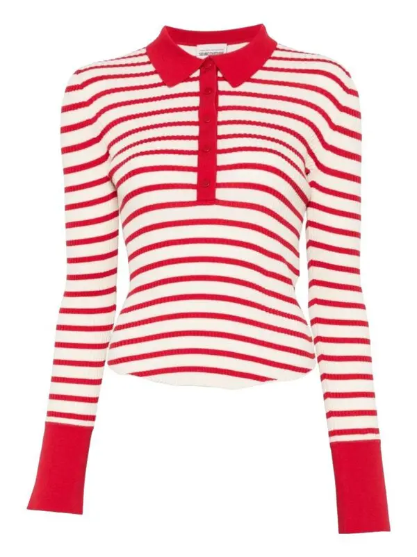 SEMICOUTURE Striped Ribbed Knit Polo Shirt - Red