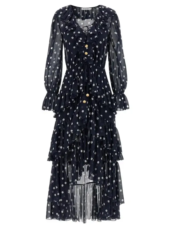 SELF-PORTRAIT Polka Dot Georgette Ruffled Maxi Dress - Navy