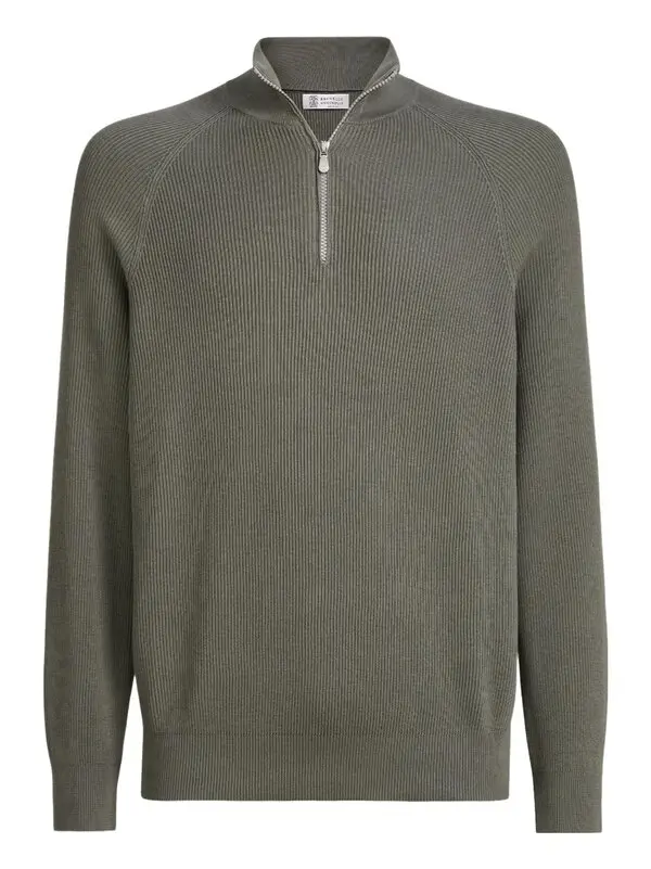 Brunello Cucinelli High Neck Knitted Jumper With Zipper Closure - Khaki