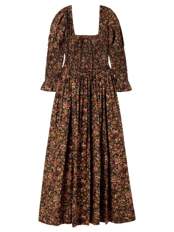 DÔEN Bijou Shirred Floral-print Organic Cotton-voile Midi Dress - Black
