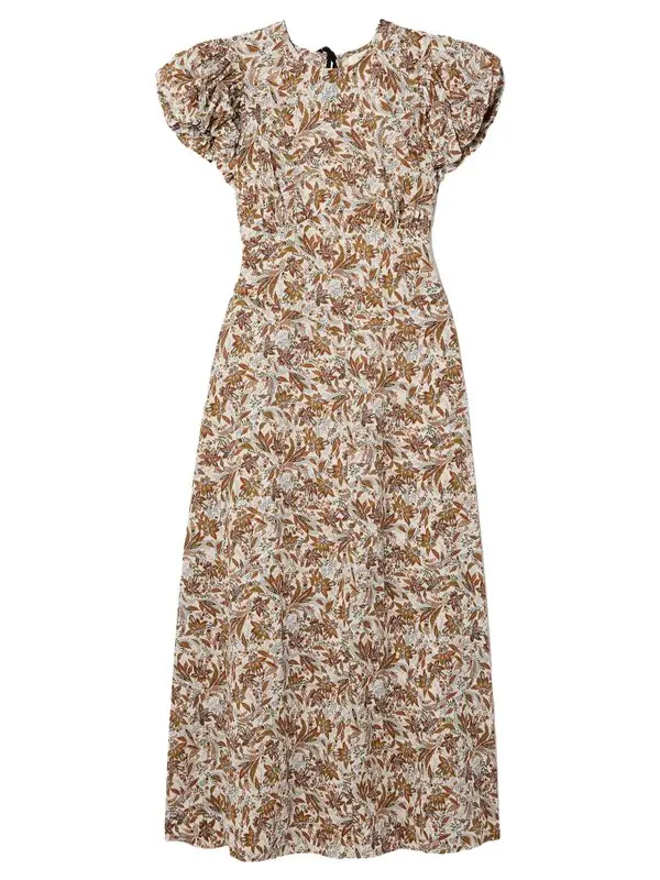 DÔEN Floral Print Midi Dress With Puff Sleeves - Brown