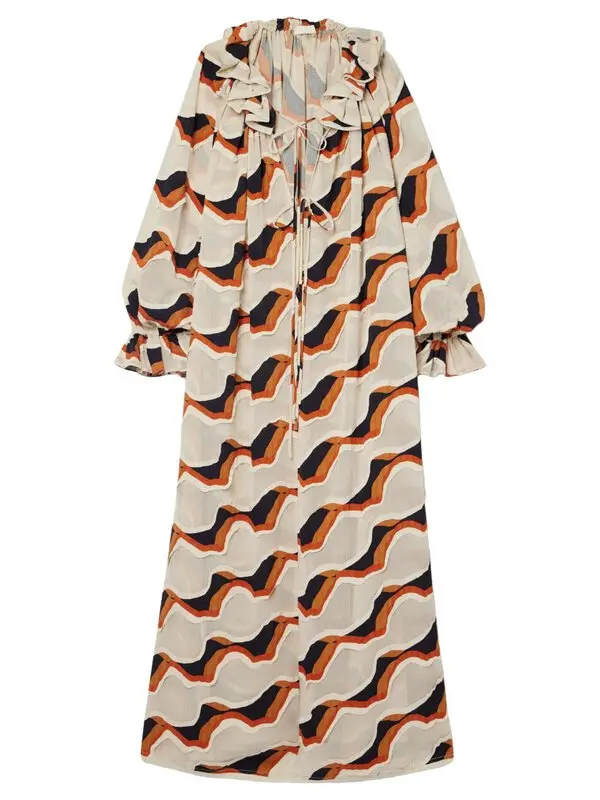 Ulla Johnson Printed Sheer Openwork Maxi Dress With Ruffles - Beige