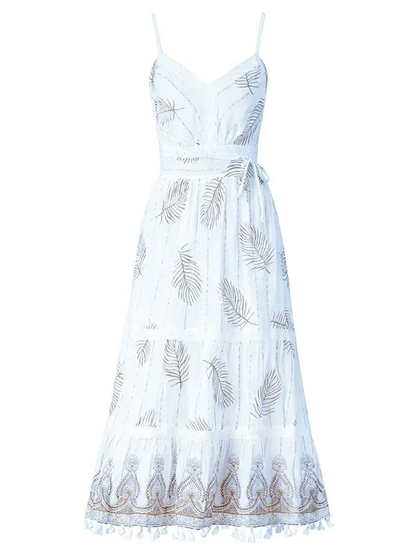 YUMI Ivory Foil Print Midi Sun Dress With Lace Trims - White