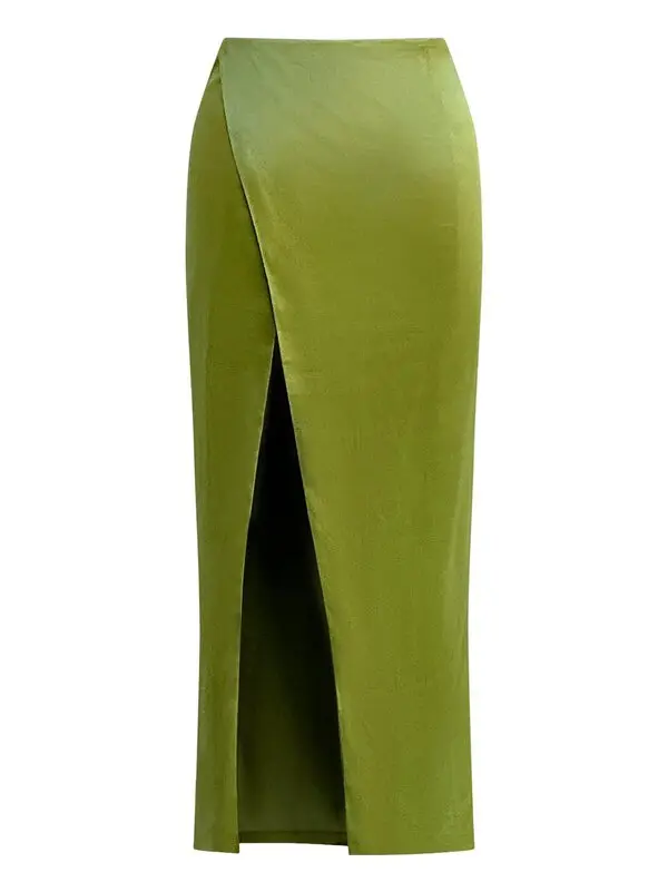 WHY MARY Cleo Chartreuse Satin Maxi Skirt With Slit - Green