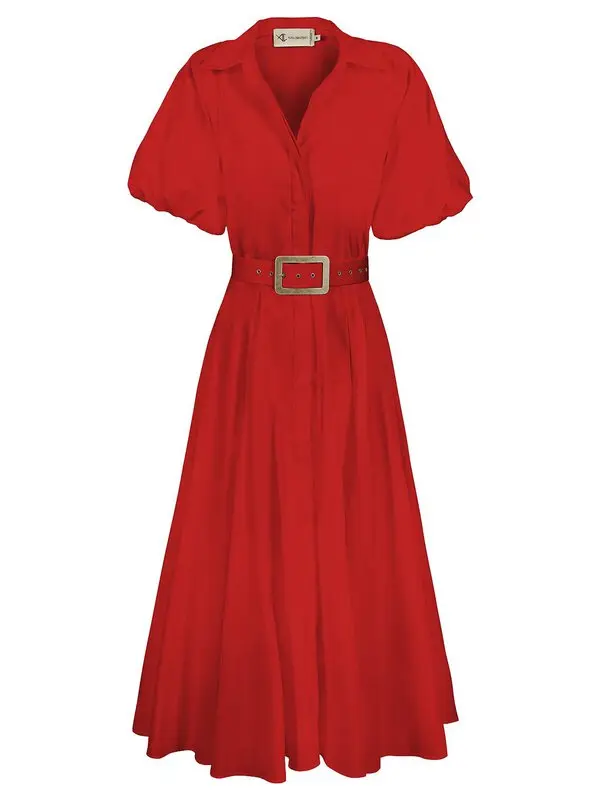 ALINA CERNATESCU Midi Shirt Dress With Puff Sleeves And Belt - Red