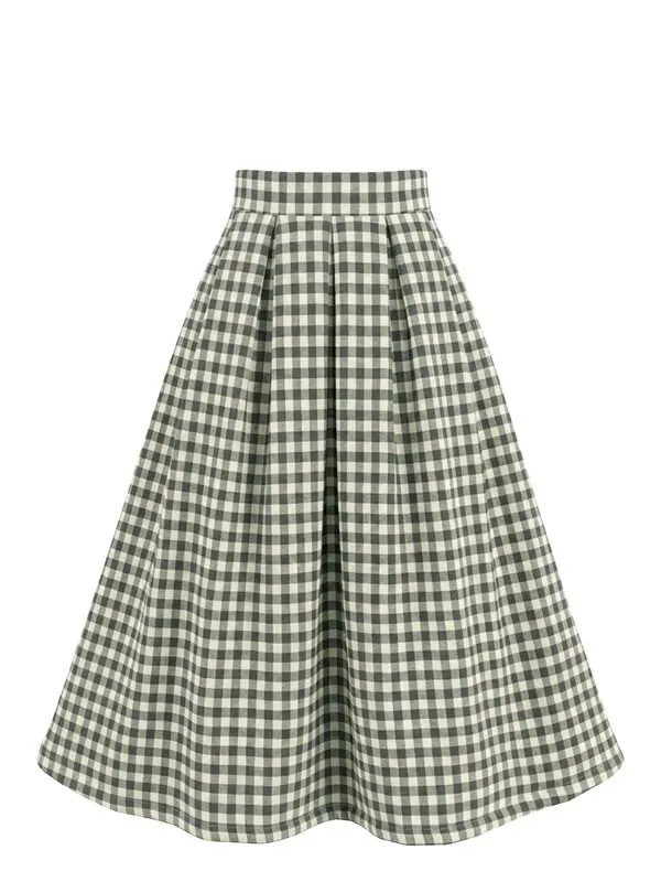 L2R THE LABEL Plaid Quilted Midi Skirt - Green/white