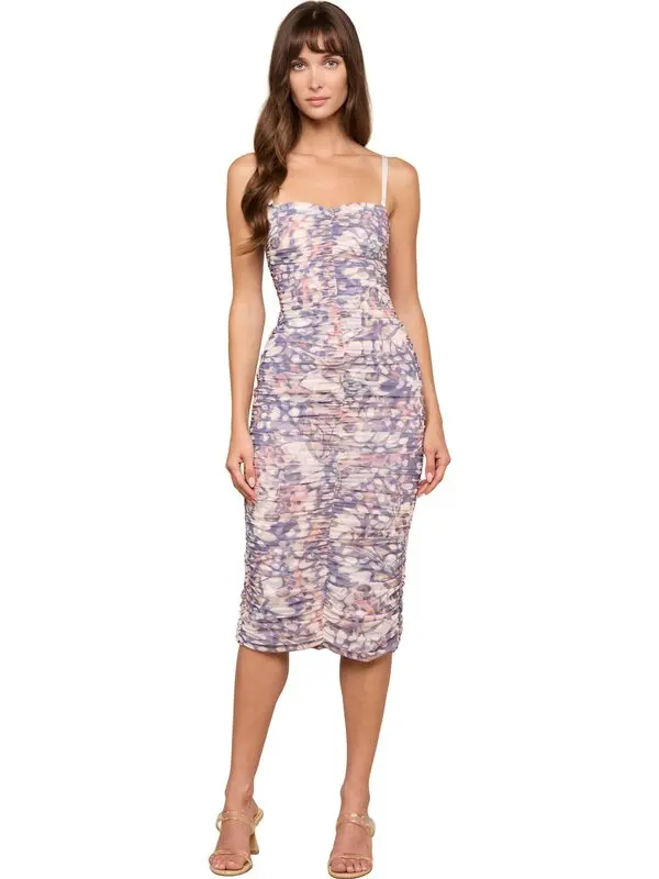 L'Agence Caprice Butterfly Wing Print Ruched Midi Dress - Multi Butterfly Wing