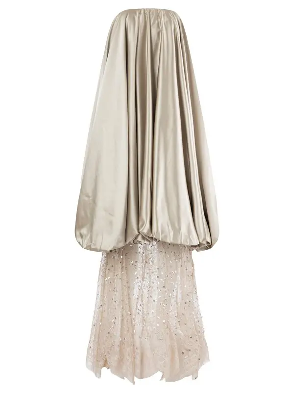 LA FUORI Champagne Lace & Duchesse Satin Gown - Silver