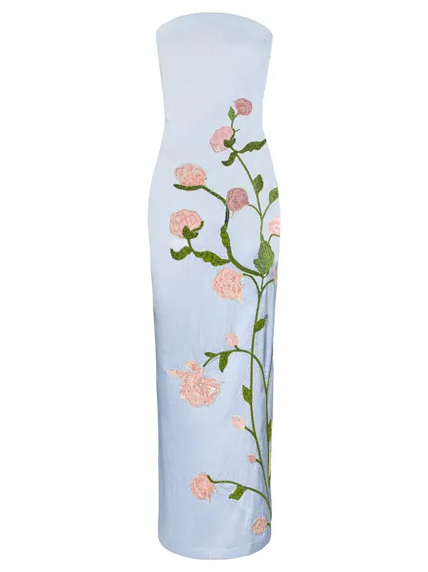 LA FUORI Strapless Embroidered Silk Satin Maxi Dress - Blue