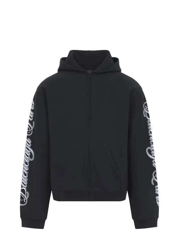 Balenciaga Washed Cotton Full Zip Hoodie With Logo Detail - Black