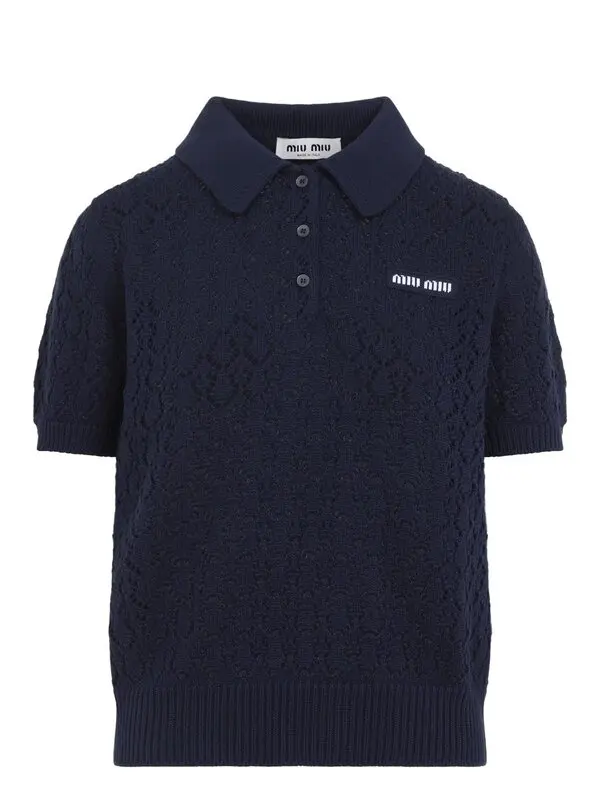 Miu Miu Cotton Lace-effect Knit Polo - Blue