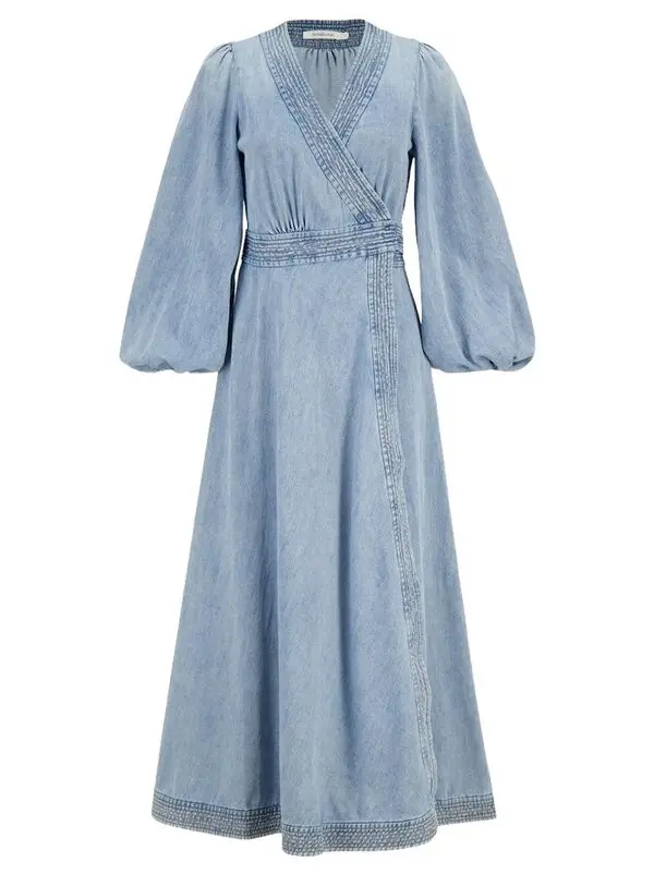 Zimmermann Indra Denim Midi Wrap Dress - Sky Blue