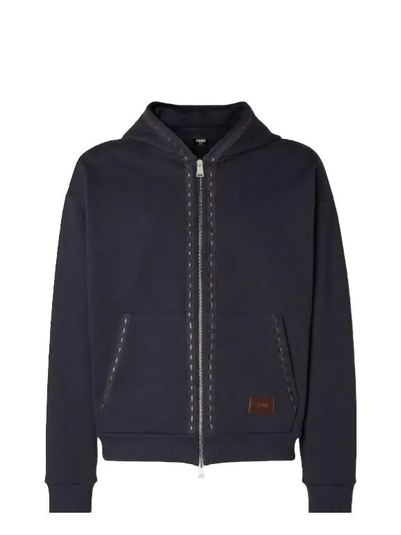 Fendi Navy Cotton Zip-up Hoodie With Selleria Stitching - Blue