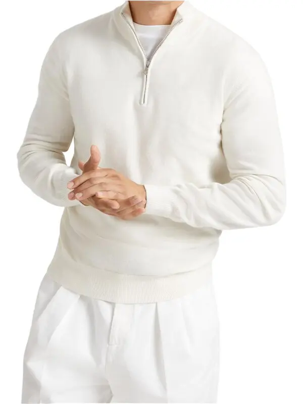 Brunello Cucinelli Funnel-neck Knitted Polo Shirt With Zippered Lapels - Panama Color