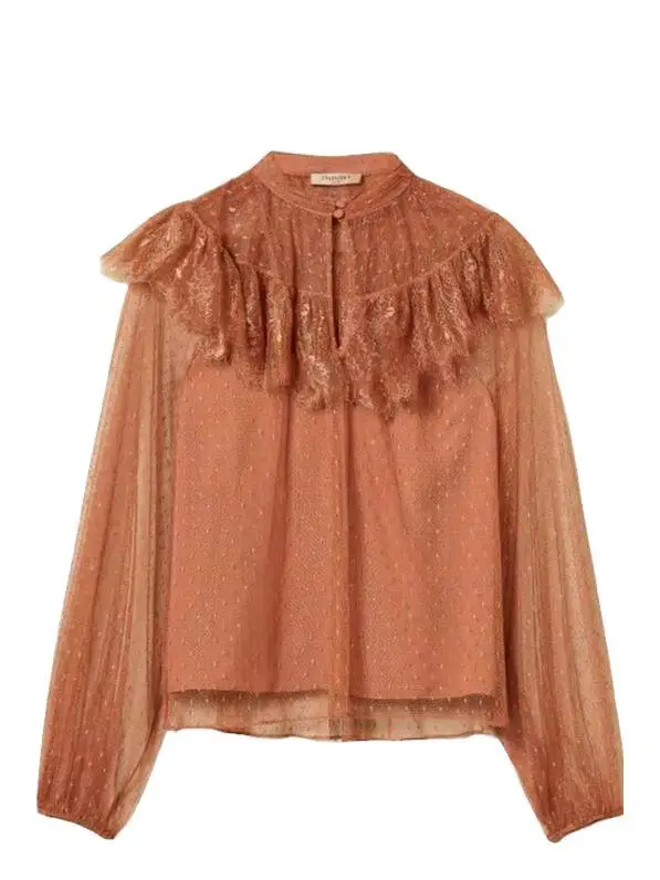 TWINSET Lace Ruffle Tulle Blouse - Brown