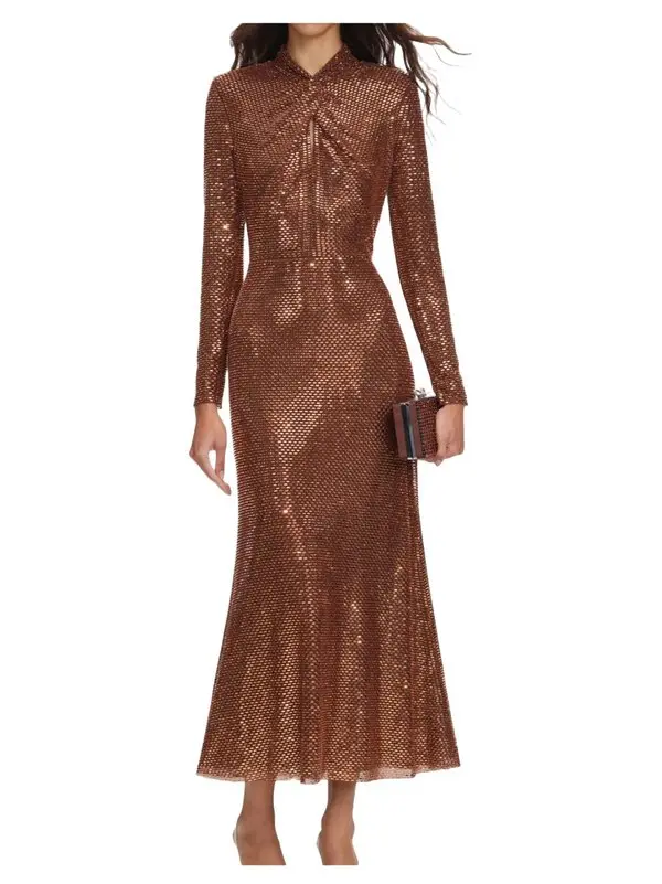 SELF-PORTRAIT Rhinestone Embellished Long Sleeve Midi Dress - Bronze