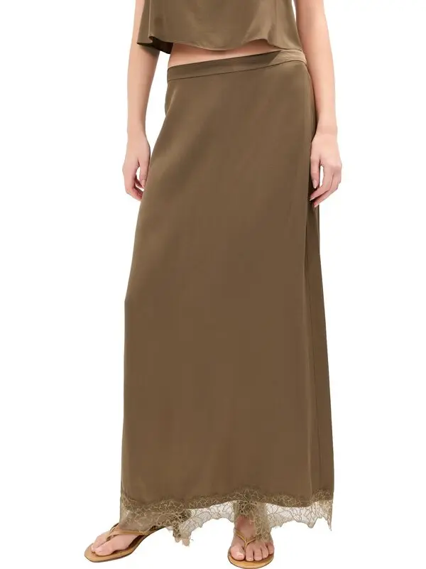LE BOP Marion Satin Skirt With Lace Trim - Hazelnut