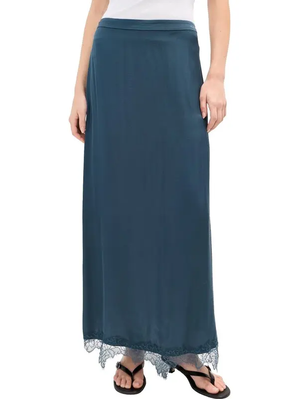 LE BOP Marion Satin Skirt With Lace Trim - Navy