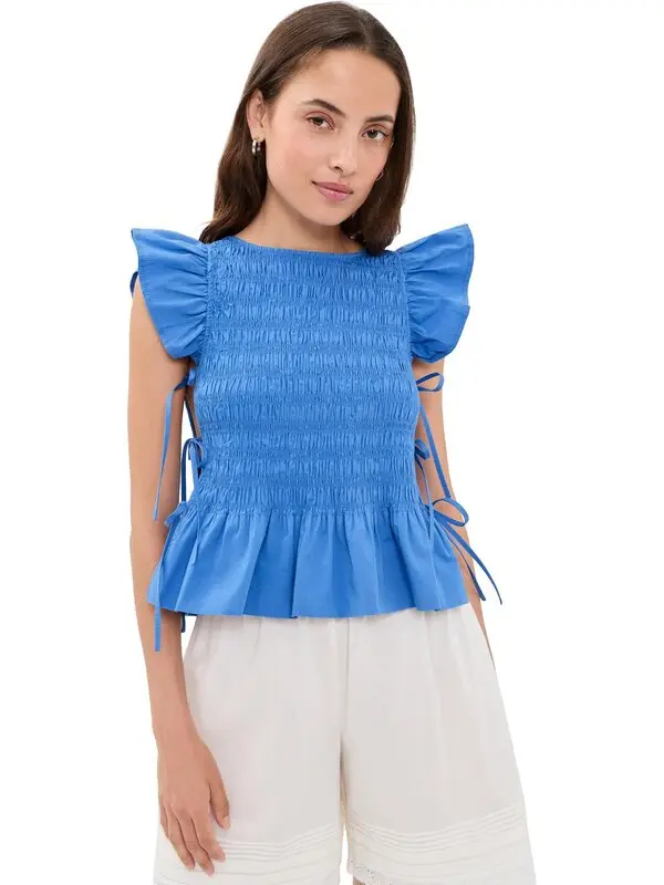 GANNI Smocked Cotton Top With Flutter Sleeves - Marina