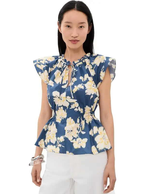 Tanya Taylor Ivana Floral Print Ruffled Collar Top - French Blue Multi