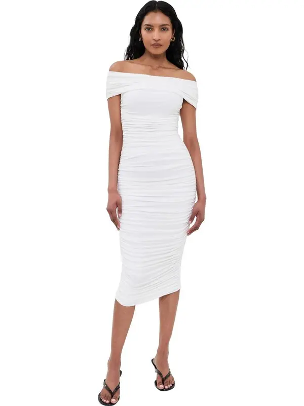 Norma Kamali Sleeveless Off Shoulder Cowl Neck Side Shirred Midi Dress - Snow White