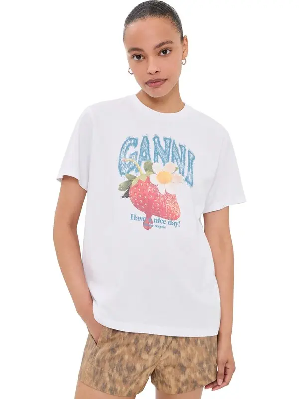 GANNI Cotton Jersey Strawberry Graphic T-shirt - Bright White