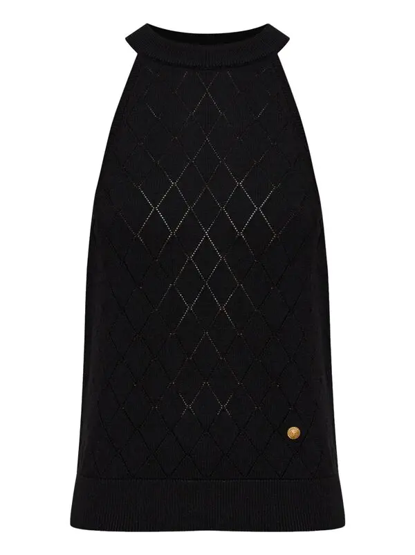 Balmain Wool Sleeveless Top With Diamond Pattern And Gold Button Detail - Black