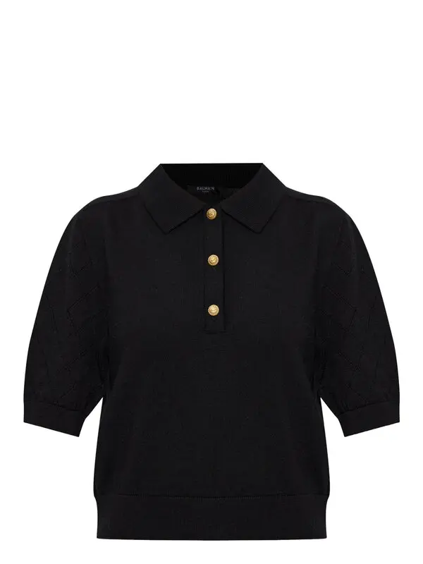 Balmain Wool Polo With Gold Button Detail - Black