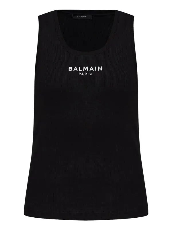 Balmain Ribbed Knit Tank Top With Embroidered Logo - Black