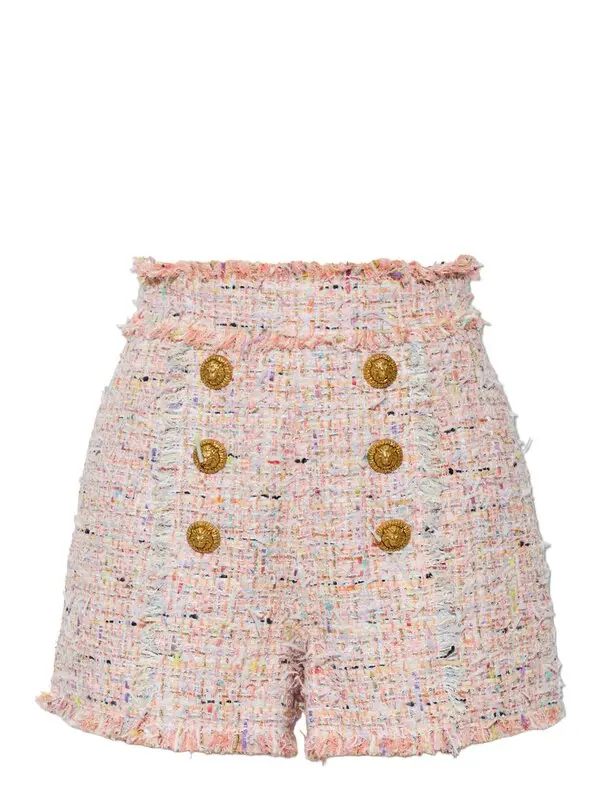 Balmain Textured Tweed High-waisted Shorts With Decorative Buttons - Pink