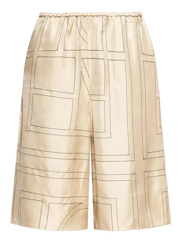 TOTEME Silk Geometric Print Relaxed Fit Thigh Length Shorts - Beige