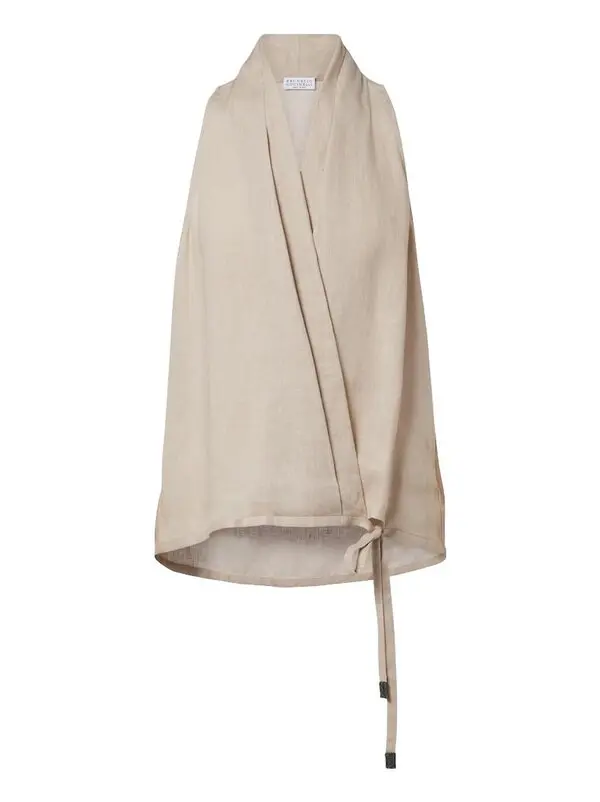 Brunello Cucinelli Monili Halterneck Linen Wrap Top - Beige