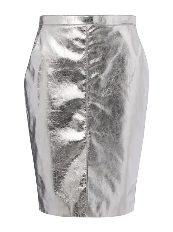 Saint Laurent Metallic Leather Pencil Skirt - Silver