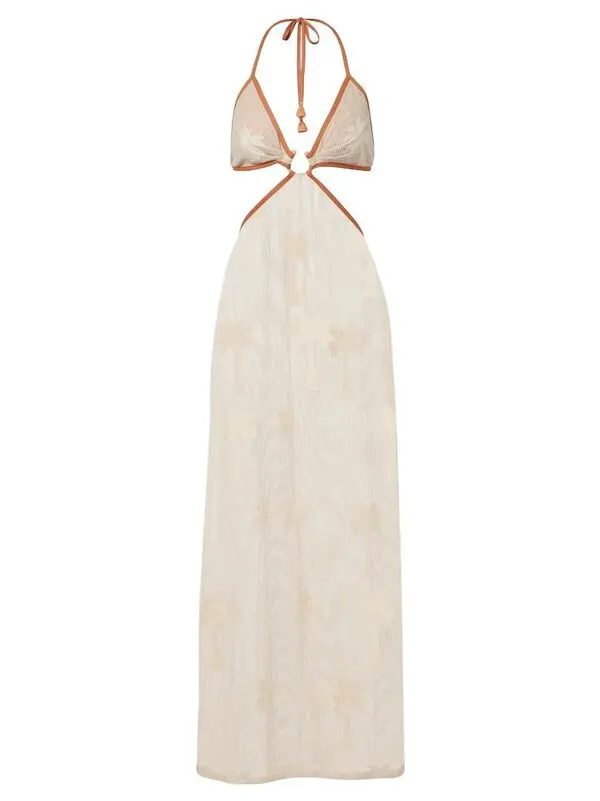 Johanna Ortiz Embroidered Cutout Mesh Midi Dress - Beige