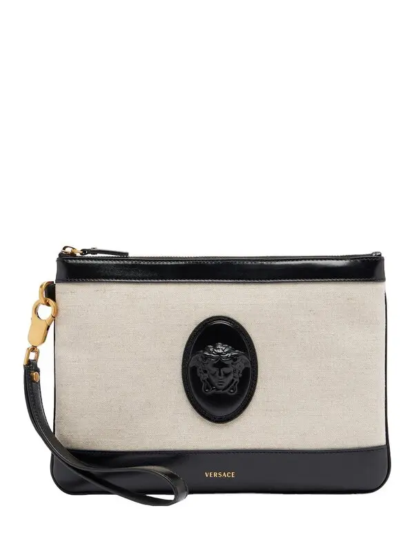 Versace Rivière Leather-trimmed Canvas Pouch - Beige