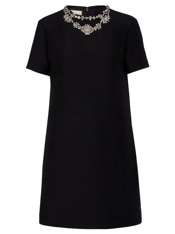 Valentino Garavani Crepe Couture Embellished Wool And Silk Minidress - Black