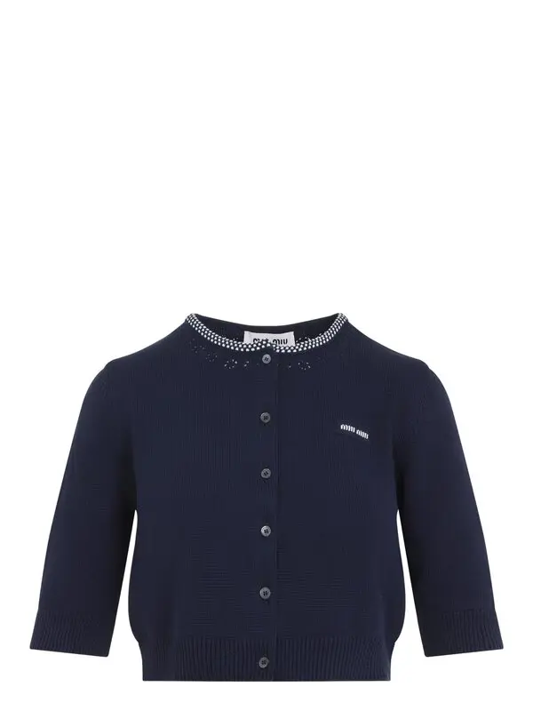 Miu Miu Fine Cotton Knit Cardigan With Intarsia Motif - Blue