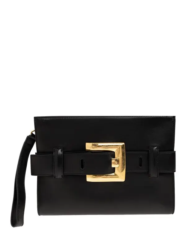 Balmain Anthem Clutch In Lambskin Leather With Gold Buckle - Black