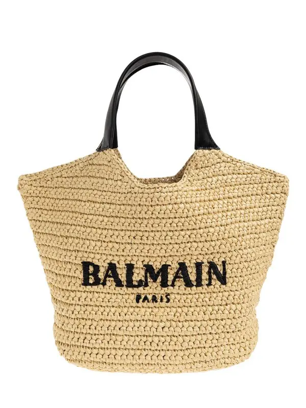 Balmain Raffia Shopper Bag With Embroidered Logo - Beige