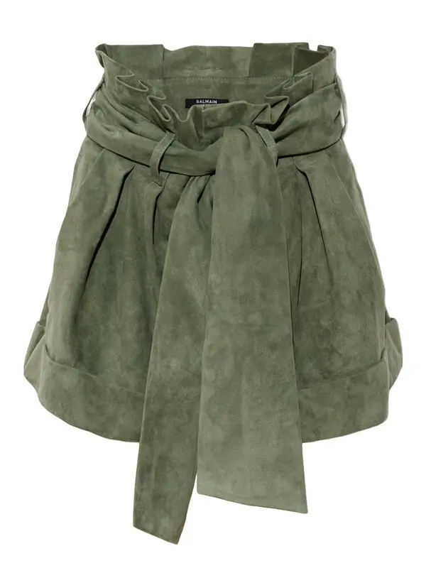Balmain Suede Belted Shorts - Green