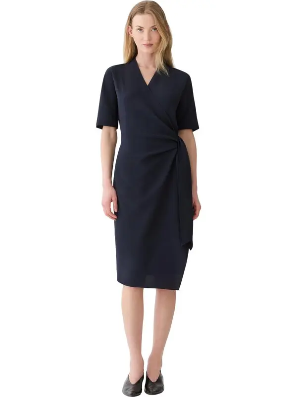 Lafayette 148 New York Crepe Short Sleeve Wrap Shirt Dress - Blue Ink