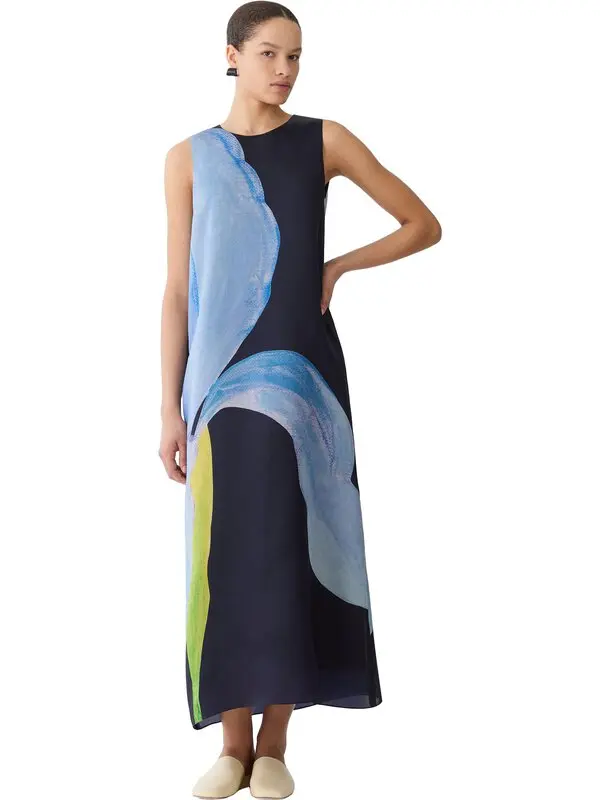 Lafayette 148 New York Iris Print Silk Organza Sleeveless Maxi Dress - Ink Multi