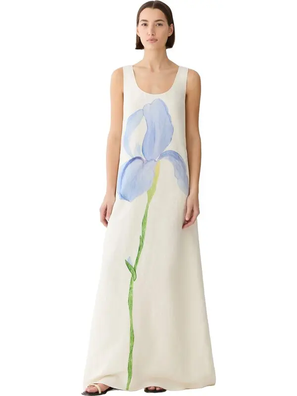 Lafayette 148 New York Iris Print Silk Linen V-neck Sleeveless Maxi Gown - Cloud Multi
