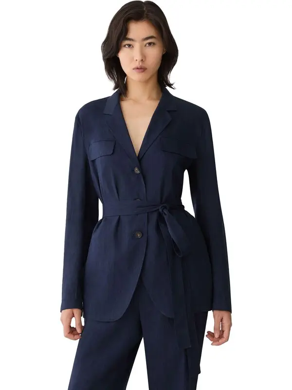 Lafayette 148 New York Linen Button Front Tie Waist Jacket - Blue Ink