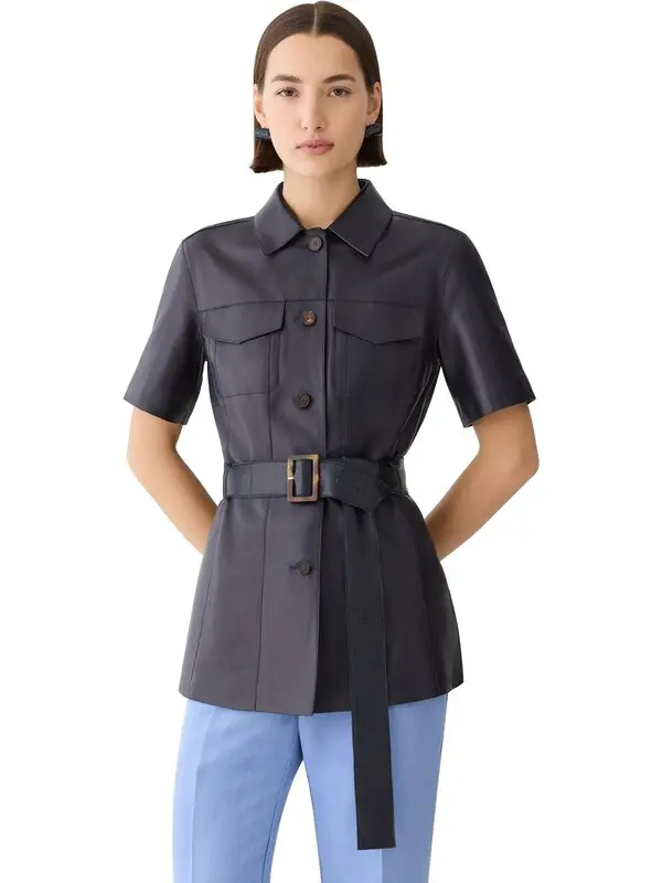 Lafayette 148 New York Nappa Leather Short Sleeve Belted Jacket - Blue Ink